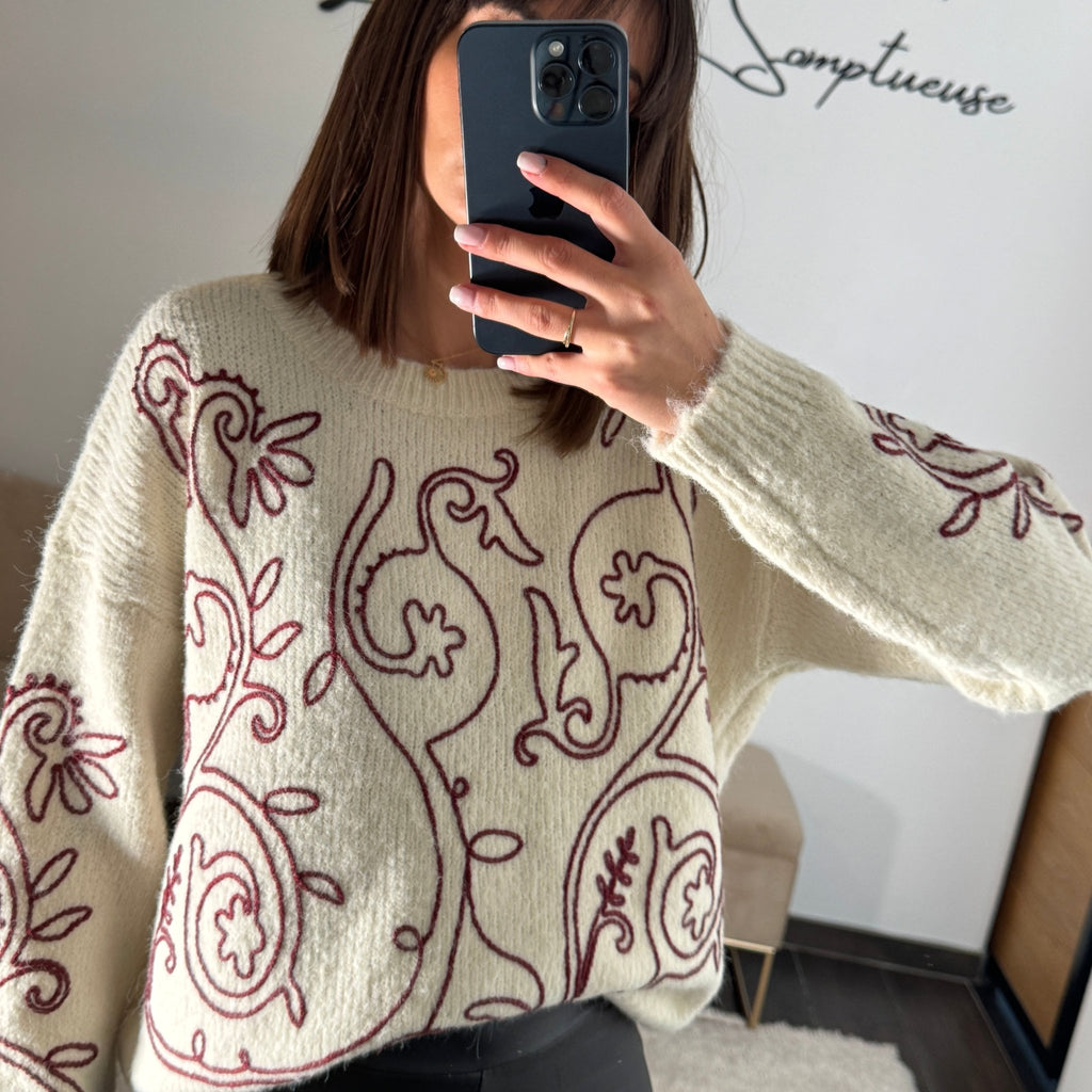 PULL BEIGE ET BORDEAUX MONA