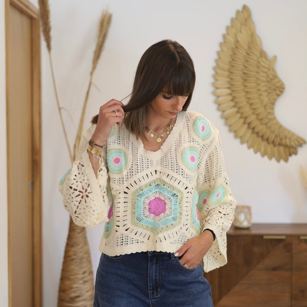 TOP CROCHET BEIGE/BLEU SANDY – La Petite Somptueuse
